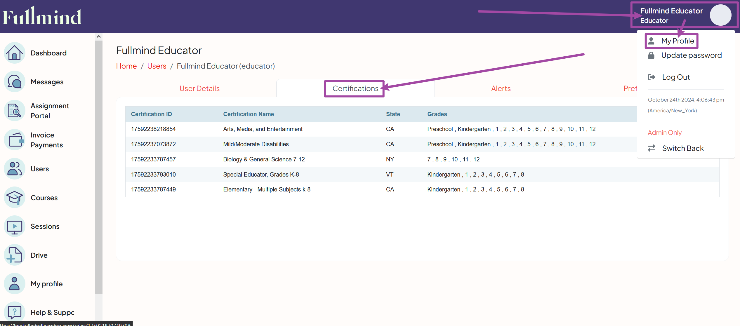 Educator: How to View and Update your Certifications – Fullmind Support